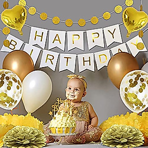 Gold White Birthday Party Decorations with Happy Birthday Banner,Heart Star foil balloons,DIY Cake Topper,Circle Dots Garland,Hanging Swirls,Tissue Paper Pompoms for Man Women