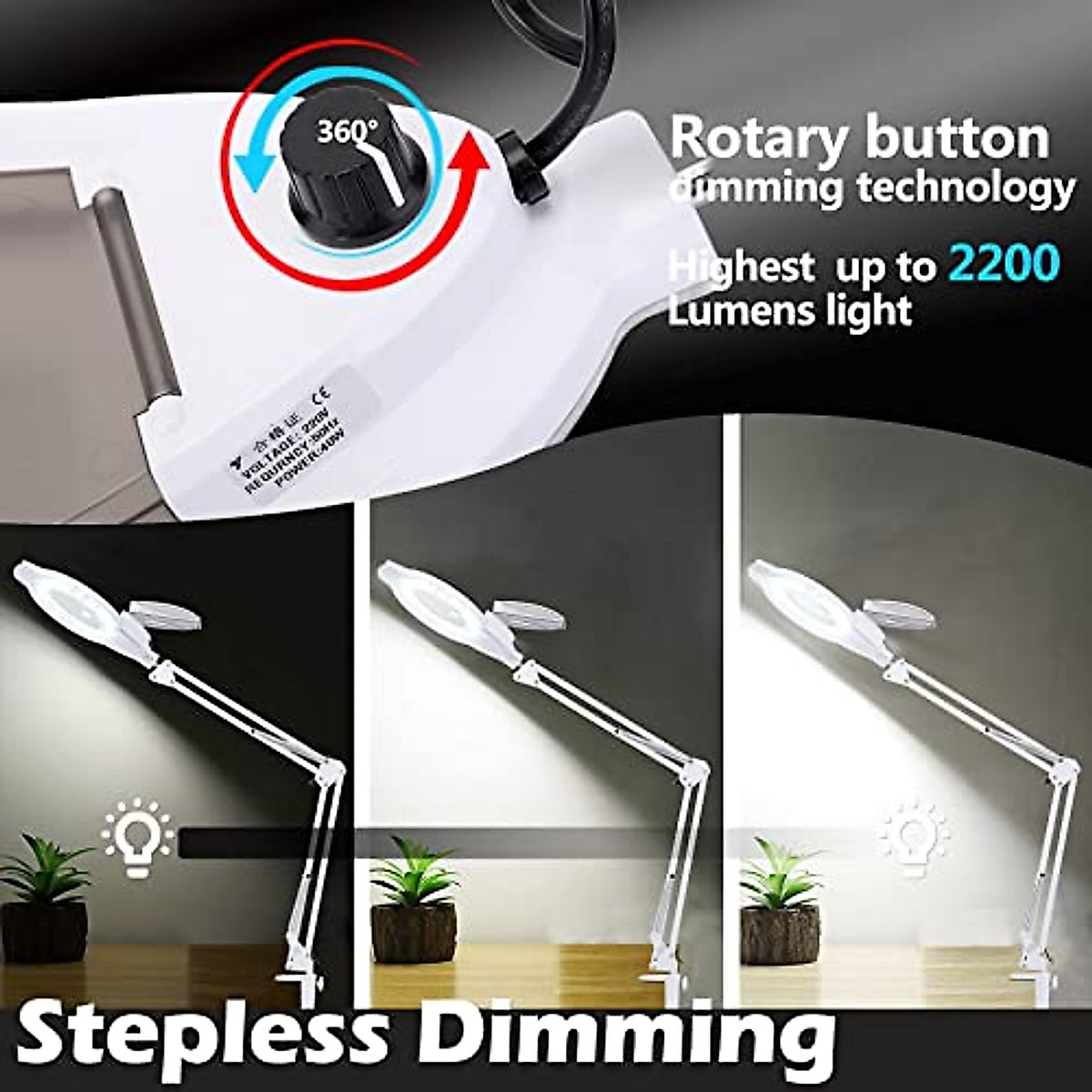KIRKAS 10X LED Magnifying Lamp with Clamp, 2,200 Lumens Dimmable Super Bright Daylight Magnifying Glass with Light and Stand, Adjustable Swivel Arm Magnifier lamp for Reading Repair Crafts-White
