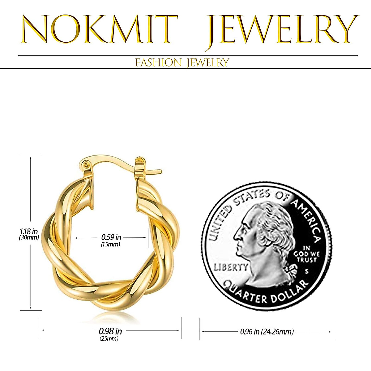 NOKMIT Twisted Hoop Earrings for Women 18K Gold Plated Thick Rope Round Chunky Hoops Lightweight High Polished Gold Hoop Earrings Gifts