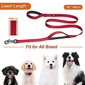 TwoEar 5FT 1IN Strong Red Dog Leash with 2 Padded Handles, Traffic Handle Extra Control, Comfortable Soft Dual Handle, Auto Lock Hook, Reflective Walking Lead for Small Medium and Large Dogs