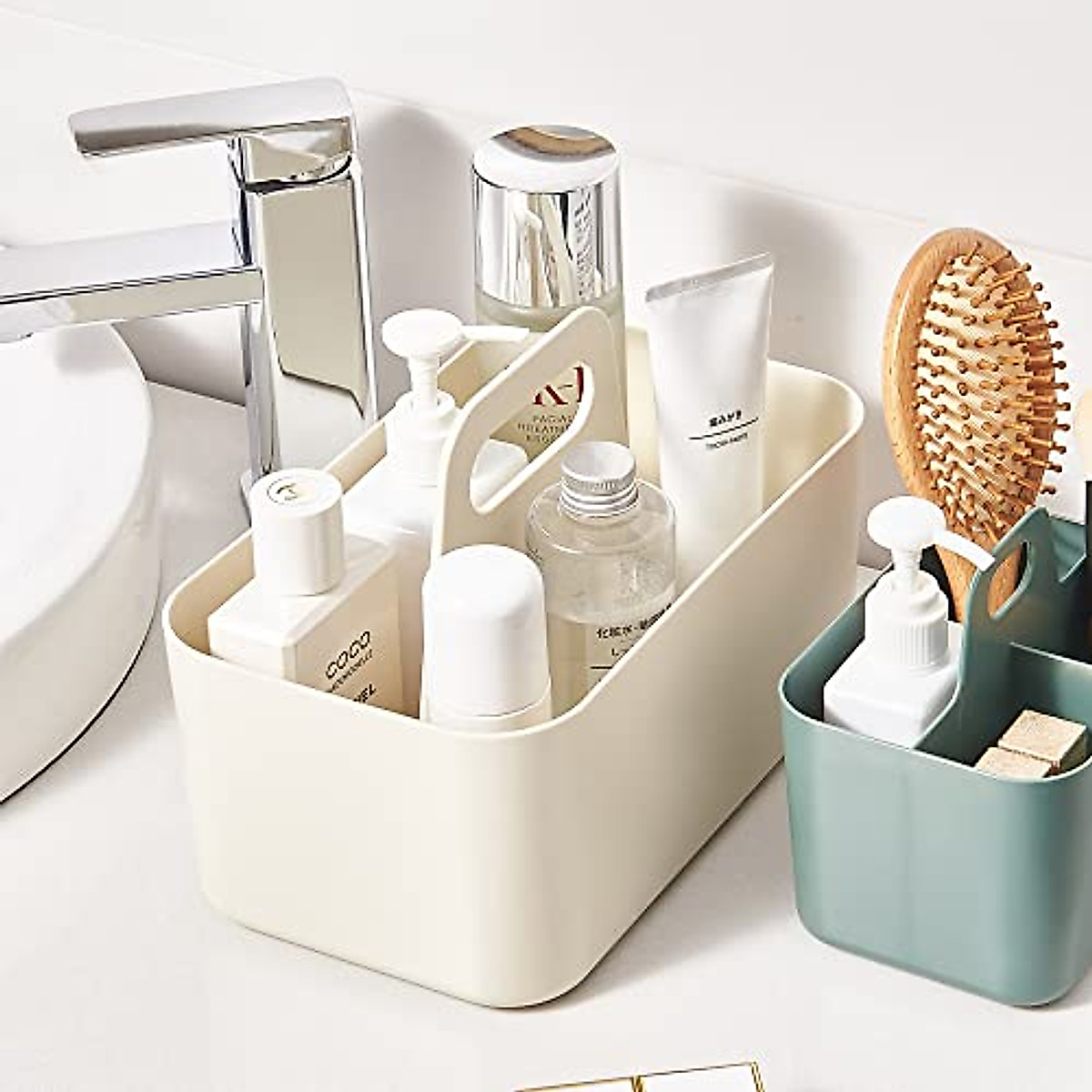 Dalanpa Plastic Portable Storage Organizer Caddy Tote, with Handle Cabinet Organizer Baskets for Bathroom, Desk, Countertops (2 Pack, Off-white)