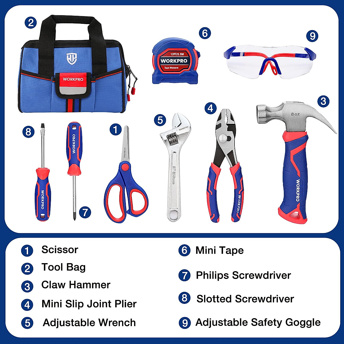 WORKPRO 9-Piece Kids Real Hand Tool Set, Blue Junior Tool Kit with Storage Bag for Boys, Girls, Children DIY Building and Woodworking, Age 8+