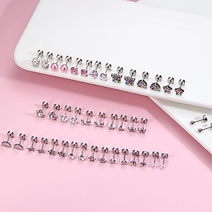 SAILIMUE 21Pairs Flat Back Stud Earrings For Women Hypoallergenic Surgical Steel Screw Back Earrings Star Moon Flower Heart Butterfly CZ Tiny Cartilage Tragus Daith Helix Flatback Earrings Piercing