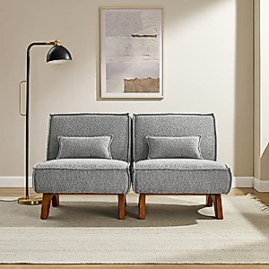 Volans Modular Sectional Sofa Teddy Fabric Sofa, Convertible Sofa Bed with Curved Wooden Legs, Composable Single Seat Sofa Chair with Pillows, Small Sofa for Living Room, Loft, Office, 2 PCS, Gray