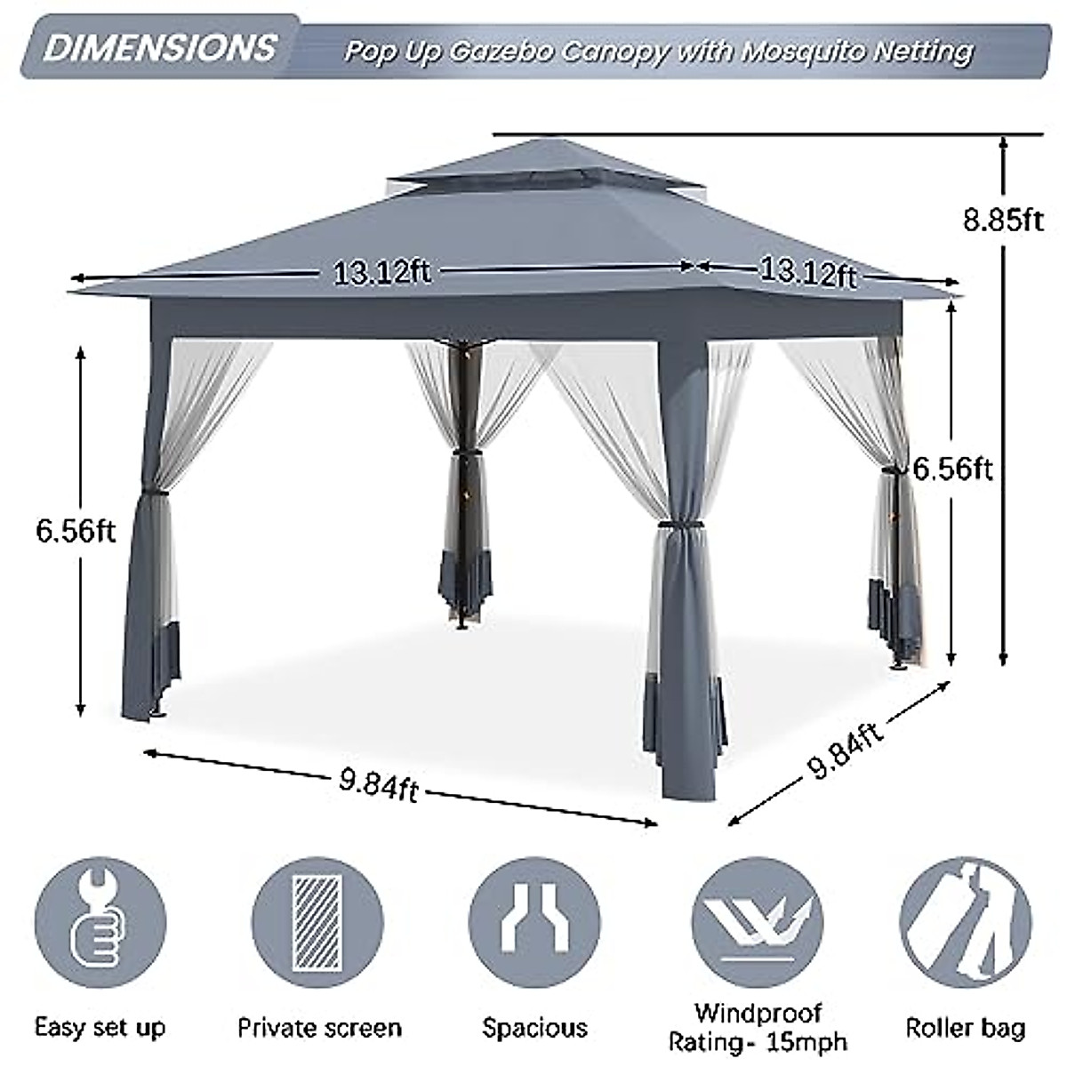 Winkalon 13'x 13' Pop Up Gazebo with Mosquito Netting, Outdoor Gazebo Waterproof Canopy Tent with Double Roof Tops and 169 Square Feet of Shade for Patio, Group Gatherings, Camping Shelter (Grey)