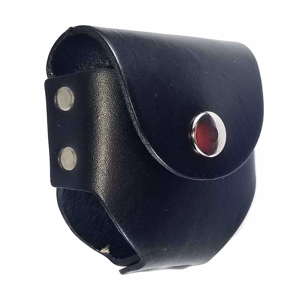 A Come and Take It Concho mounted on Genuine Black Leather Snuff Can Holder with Snap Closure