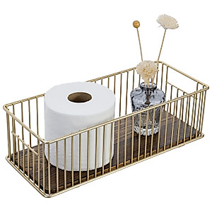 MyGift Modern Brass-Tone Metal Wire Toilet Paper Holder Basket with Rustic Burnt Solid Wood Base, Toilet Tank Topper Organizer Tray Bathroom Sink Counter Toiletries Storage