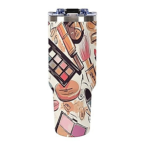 40 Oz Vacuum Tumbler with Light Rose Red Handle Leakproof Insulated Tumbler Cosmetic And Makeup Theme Pattern Stainless Steel Travel Mug with Lid And Straw Coffee Cup Cute Water Bottles Cup Holder Fri