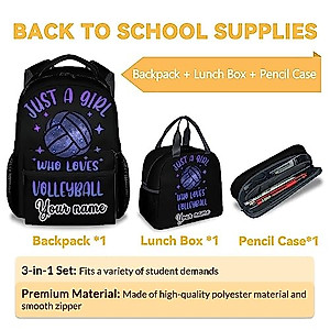 Personalized Volleyball Backpack with Lunch Box And Pencil Case Set, 3 in 1 Matching Teen Girls Purple Backpacks Combo, Sports Bookbag And Pencil Case Bundle