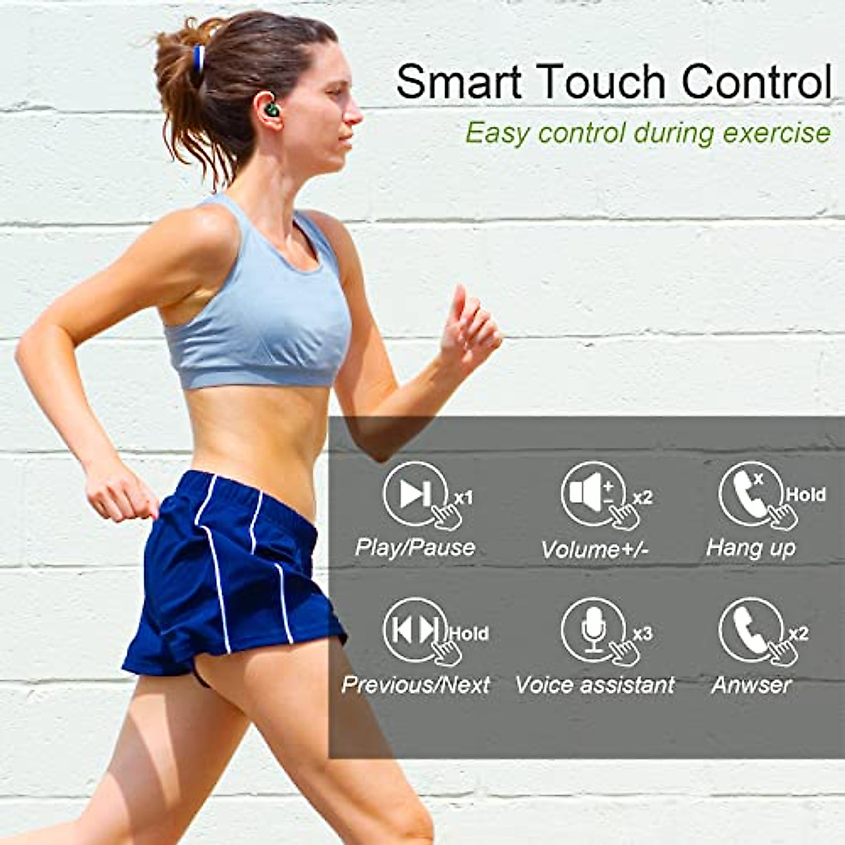 Wireless Earbud, True Bluetooth Headphones 50H Playtime, Deep Bass Bluetooth Earbud with Mic, Noise Cancelling Earphones with Earhooks, IP7 Waterproof in Ear Bluetooth Earphones for Sports/Gym, Black