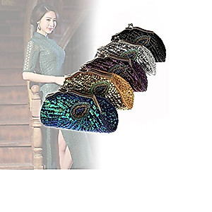 BAGLAMOR Women Full Shining Sequins Handbag Beaded Peacock Embroidery Clutch Purse Evening Bag