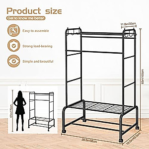 PouHenier.jh Clothing Racks on Wheels for Hanging Clothes with Coat Hook, Upgrade Heavy Duty Rolling Rack for Clothes Organizer, Freestanding Double Rod Metal Garment Rack with Shelves(Black)…