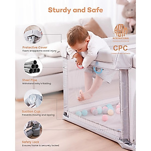 Baby Playpen Playard Foldable, Extra Large Playpen for Babies and Toddlers, Safe Sturdy Baby Fence Play Area with Gate, Removable Bottom, 79 x 59 x 27 Inches, Grey