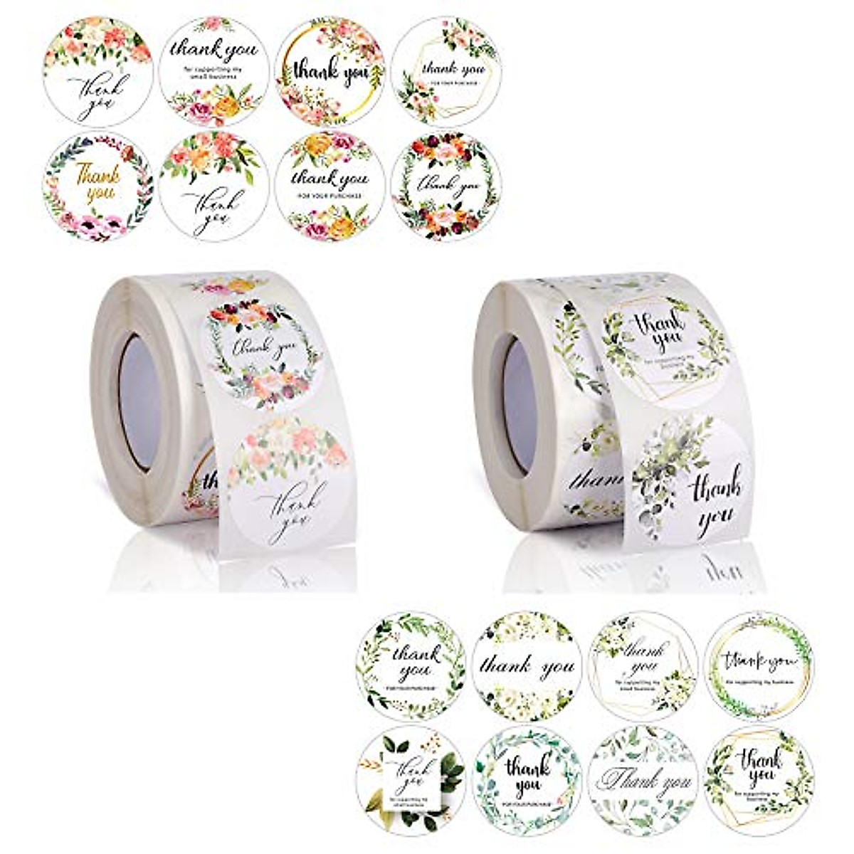 Avamie 1000 PCS Thank You Stickers Rolls, 1.5 inch Thank You for Supporting My Small Business Stickers, 16 Unique Designs, Thank You Stickers Labels 2 Rolls (Floral and Greenery)