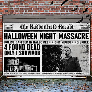 Vintage Halloween Decoration Horror Movie Backdrop Garage Door Banner Halloween Night Massacre Classic Movie Character Poster Newspaper Art Prints Background Scary Movie for Halloween Party Supplies