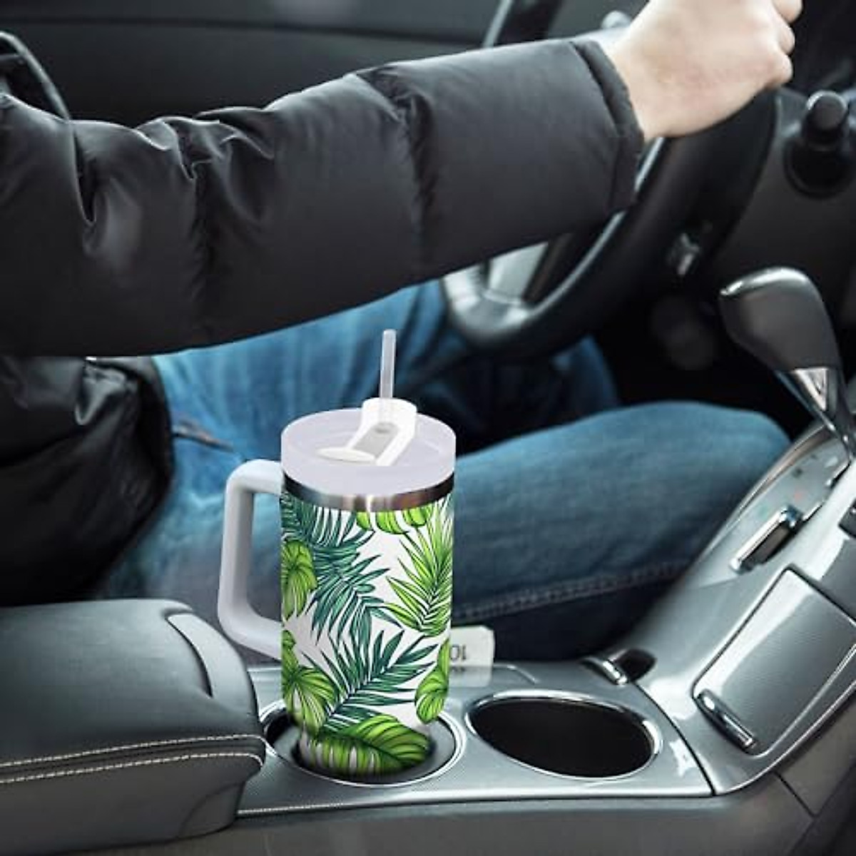 Slewiaeky Tumbler with Handle 40 oz Plant Palm Leaf Cool Travel Mug with Lid and Straw Green Stainless Steel Vacuum Insulated Water Bottle Cup for Iced Tea Coffee Cold Beverages Cup Holder Friendly