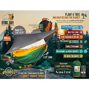 Ryno Tuff XL 2 Person Camping Hammock with Mosquito Net & Rain Fly - Compact Double Hammock with Bug Net, Tarp, Pocket, Tree Straps & Heavy Duty Carabiners - Parachute Grade Nylon Holds Over 600lbs