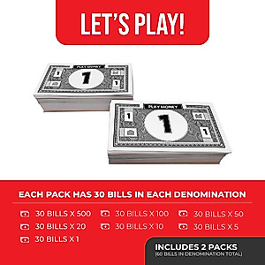 Mono 2 Sets of 30 Each Bill Denomination, 60 Total in Mixed Colors: $1, 5, 10, 20, 50, 100, and $500
