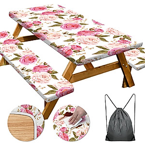 LALILO Pink Picnic Table Cover with Bench Covers, Rose Flower Waterproof Outdoor Table Cover, Floral Romantic Fitted Tablecloths for 6 Foot Rectangle Tables, 72In