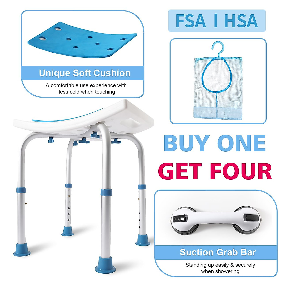 FSA/HSA Eligible Shower Chair for Inside Shower, Shower Stool with Free Assist Grab Bar/Toiletry Bag, Tool-Free Assembly Shower Seat for Bathtub, Shower Bath Chairs for Seniors/Disabled by SOUHEILO