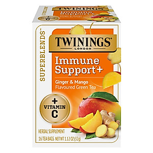 Twinings Superblends Immune Support+ Herbal Tea with Vitamin C, Ginger & Mango Flavoured Green Tea, 16 Tea Bags (Pack of 6), Enjoy Hot or Iced