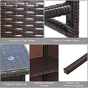 Tangkula Patio Bar Set, 3 Piece Outdoor Rattan Wicker Bar Set with 2 Cushions Stools & Glass Top Table, Outdoor Furniture Set for Patios Backyards Porches Gardens Poolside (Turquoise)