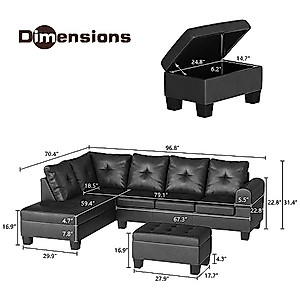 Lamerge Living Room Sectional Couch with Storage Ottoman, Modern PU Leather L-Shaped Sofa Couch Set, Black Modular Sofa Sectional w/Cup Holder, Living Room Furniture Set for Apartment, Small Space