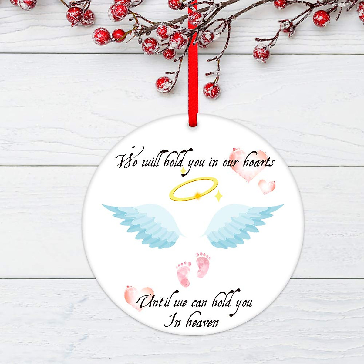 FaCraft Baby Christmas in Heaven Ornament - 3" Angel Memorial Christmas Ornaments - Footprint Hold You in Our Hearts Loss of Baby Sympathy & Memorial Gifts
