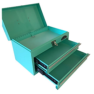 Apollo Tools 14 Inch Steel Tool Box with Deep Top Compartment and 2 Drawers in Heavy-Duty Steel With Ball Bearing Opening and Powder Coated Finish - Aqua Green - DT5010-GR