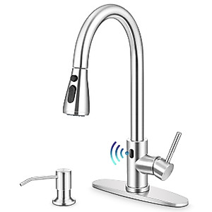 Touchless Kitchen Sink Faucet with Pull Down Sprayer, Herogo Brushed Nickel Stainless Steel Smart Activated Kitchen Faucet with Soap Dispenser, Single Handle Motion Sensor Faucet for Farmhouse RV Sink