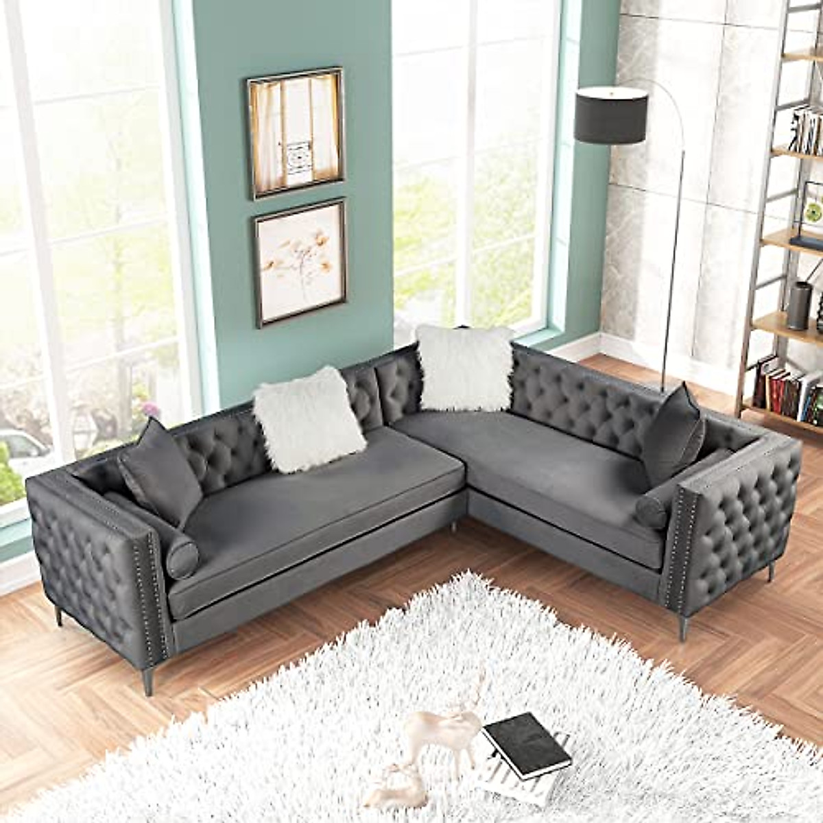 Morden Fort Tufted Velvet Couch Sectional Sofa Couches Mid Century Modern L-Shape Corner Sofa Set for Living Room, Bedroom, Office, Apartment