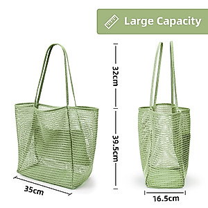 KALIDI Beach Mesh Tote Bag, Casual Tote Bag Hobo Women Foldable MAX 23L Shoulder Grocery Bag For Beach Picnic Vacation