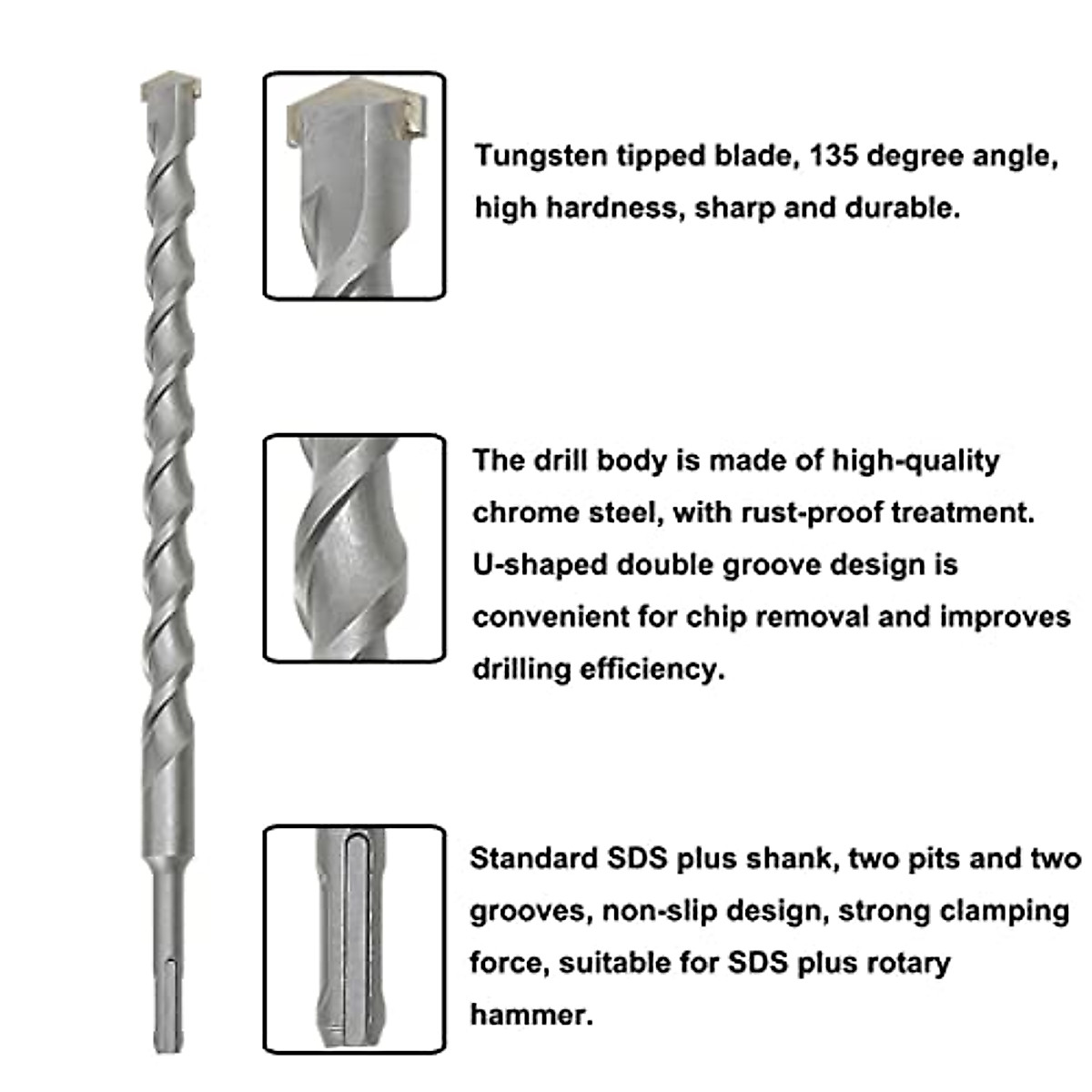 Concrete SDS Plus Rotary Hammer Drill Bit Sets, 5PCS 13In Tungsten Steel Alloy Masonry Double Flute Drill Bits Hole Opening Tool for Brick, Cement, 3/8x13In, 1/2x13In, 5/8x13In, 7/10x13In, 7/8x13In