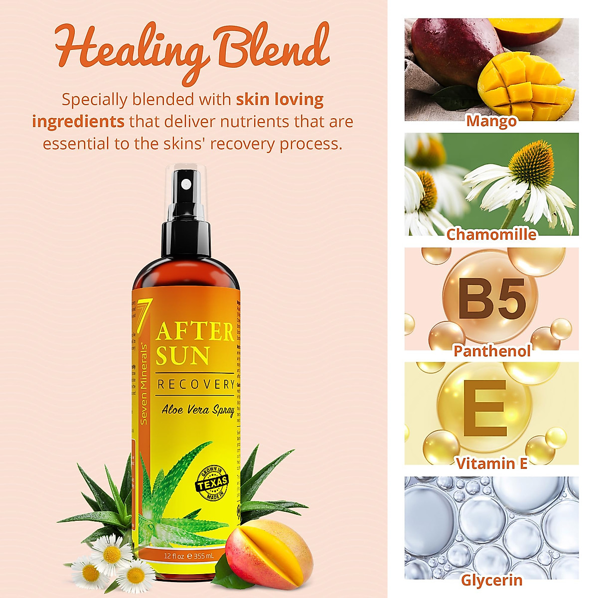 Seven Minerals NEW After Sun Solar Recovery Spray with Aloe Vera - For Skin & Face with Instant Sunburn Relief. Unlike Regular Aftersun Spray With Mango & Chamomile (12 Oz)