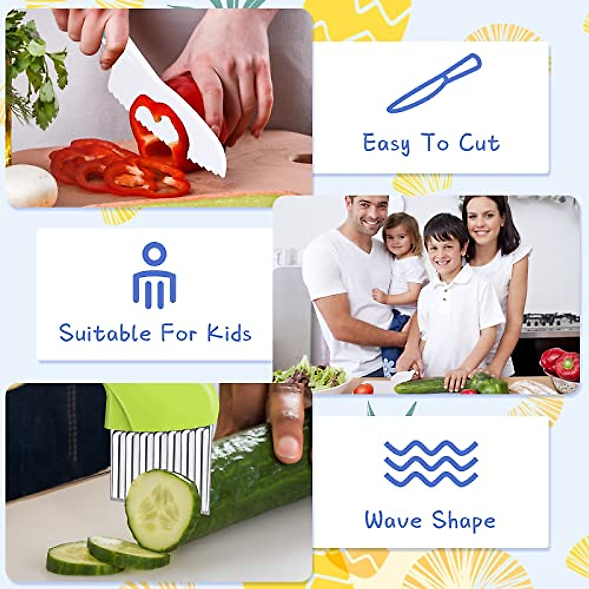4 Pcs Kids Knife Toddler Safe Cutter Serrated Edges Set for Kitchen Cooking Plastic Children's Cooking Friendly Knife and Crinkle Cutter for Fruit Cake Food Vegetable (Green, Blue, Yellow)