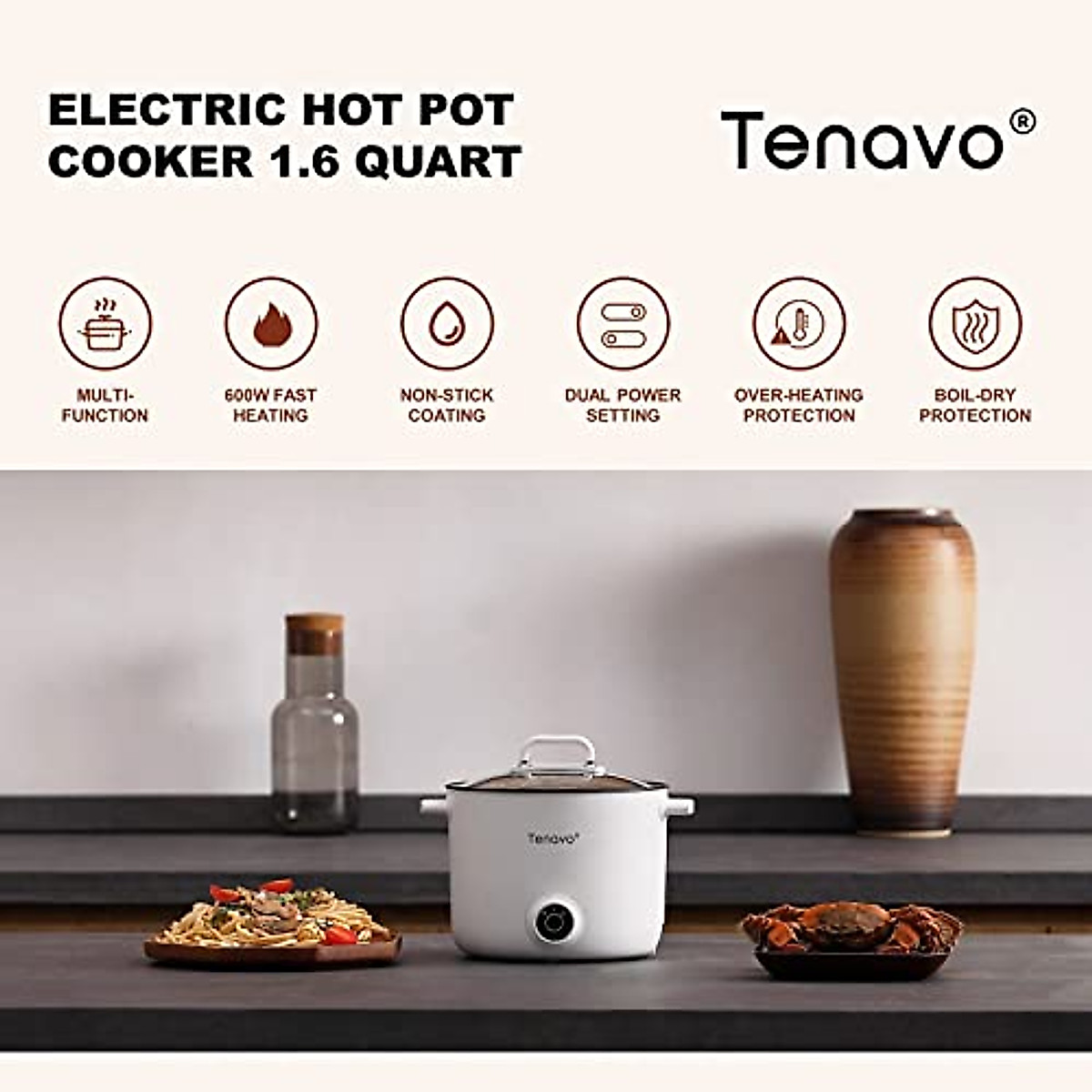 Tenavo Electric Hot Pot with Handle, 1.5L Mini Electric Cooker for Stir Fry, Noodles, Pasta, Nonstick Frying Pan for Sauté, Dual Power Control Ramen Cooker for Dorm and Office