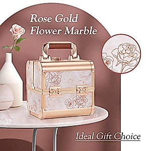 Costravio Makeup Box Cosmetic Train Case with Mirror Travel Organizer Cosmetic Jewelry Storage Box with 2-Tier Tackle Trays Portable Lockable Makeup Organizer Box - Marble Rose Gold Style