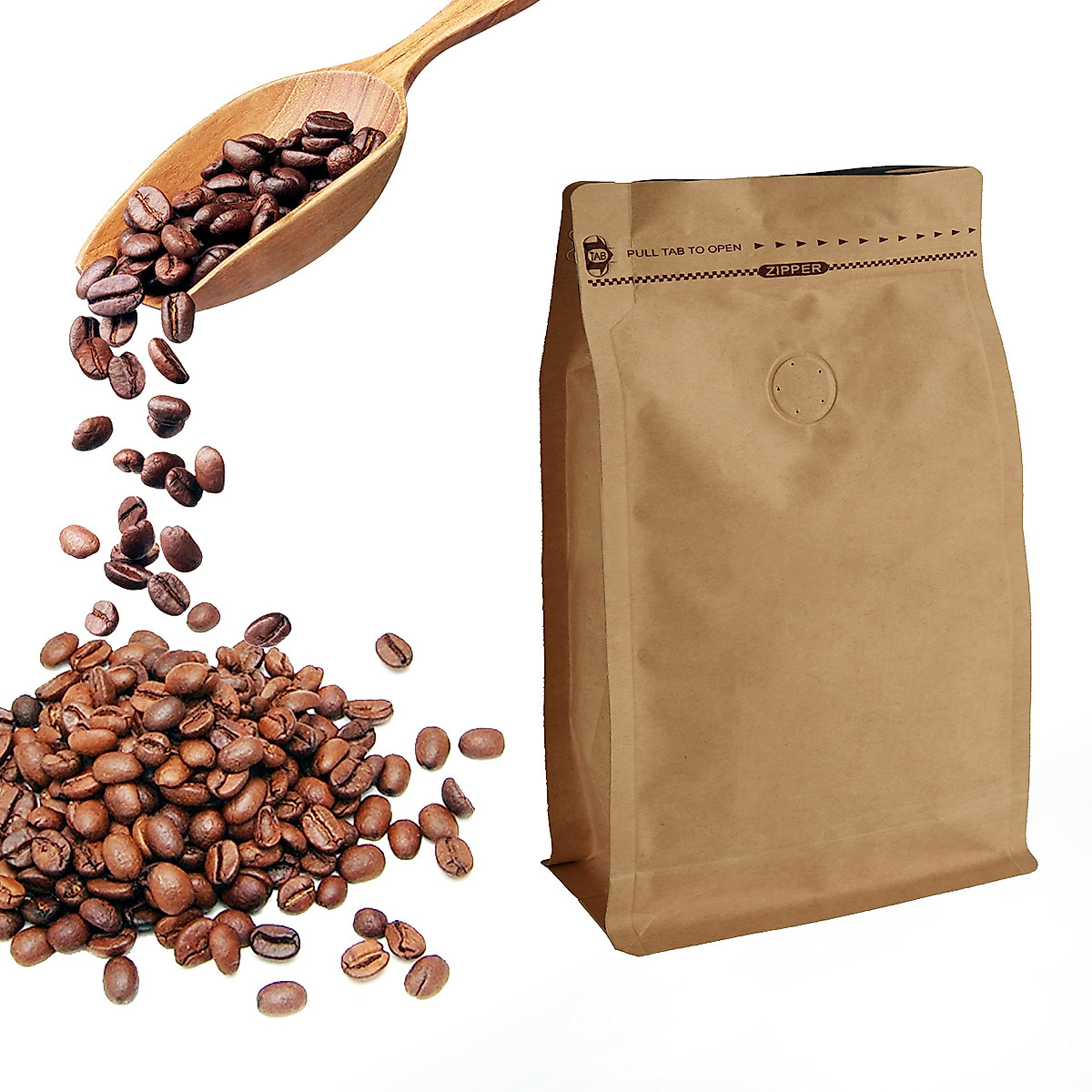 50 Pieces 16 Ounce Kraft Paper Stand Up Coffee Bag/Flat Bottom Pouch with Air Release Valve and Reusable Side Zipper. (50pcs, 1lb/16oz)