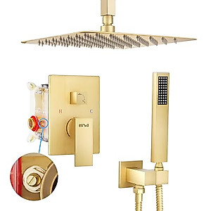 ESNBIA Shower System, Luxury 12 Inches Rain Shower Head with Handheld Combo Set, Ceiling Mounted High Pressure Rainfall Dual Shower Head System, Shower Faucet Set with Valve and Trim, Brushed Gold