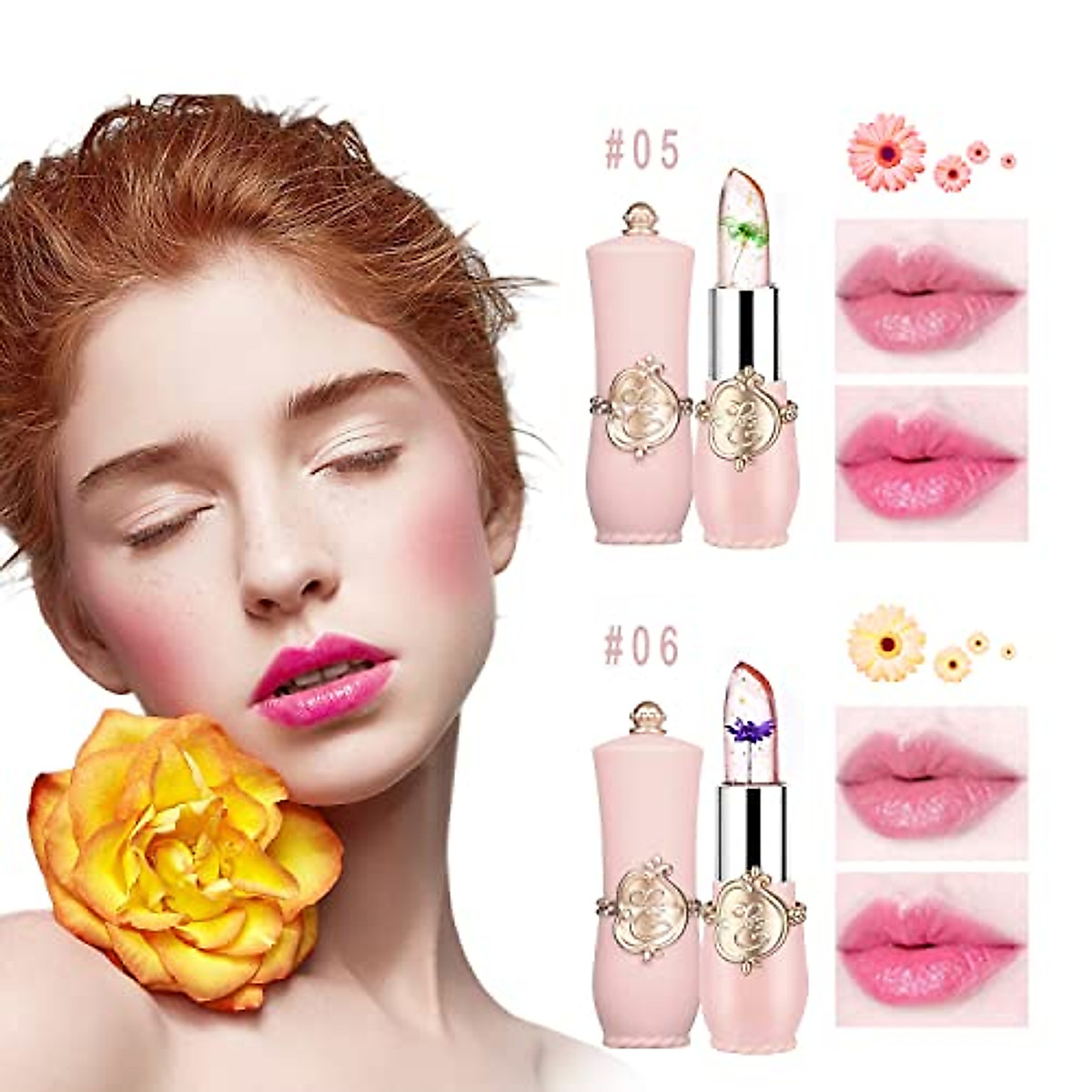 Deepmind 2 Pcs Crystal Flower Jelly Lipstick Magic Lip Color Changing Lip Balm PH Clear Temperature Color Changing Lipstick Long Lasting Nutritious Moisturizing Lip Gloss (6#)