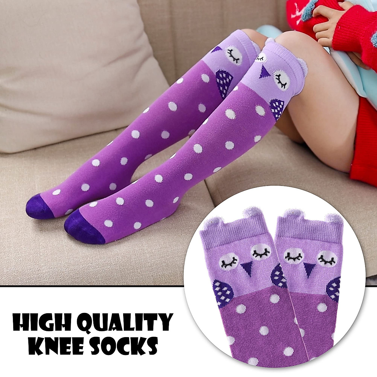 POEATEZO 3-12 Years Girls Knee High Socks Kids Funny Animal Pattern Warm Cotton Long Tall Boot Socks 6 Pairs (Cute Animals-B)