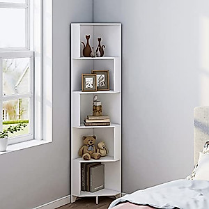 Yusong Bookshelf Corner Shelf Bookcase, Wooden 5-Tier Book Shelves Display Cabinet for Living Room,Bedroom,Bathroom, White
