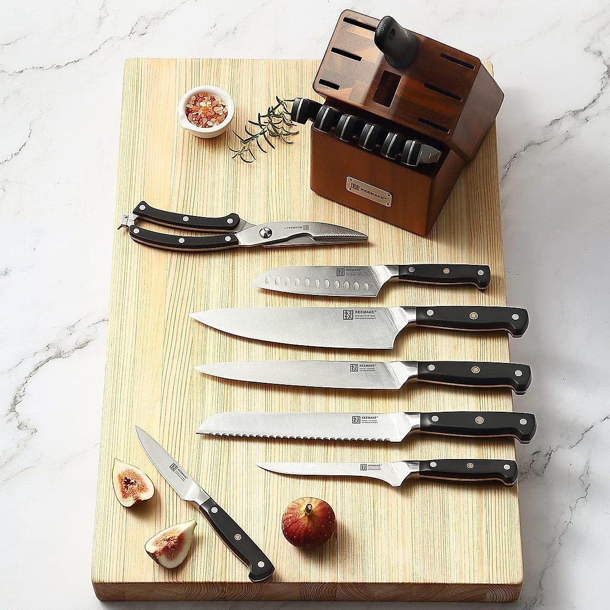 KEEMAKE 15-Piece Kitchen Knife Set with Block, Pro Kitchen Knife Set, Razor-Sharp Professional Chef Knife set Full Tang, German Stainless Steel 1.4116 Knife Block Set with Kitchen Shears