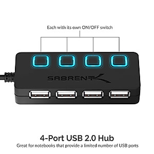 SABRENT 4-Port USB 2.0 Hub + 4-Port USB 2.0 Hub with Individual LED lit Power Switches