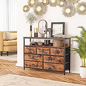 Furologee Dresser TV Stand, Console Sofa Table with 7 Drawers and 2-Tier Open Shelves, Entertainment Center for 45" TV, Storage Fabric Drawer Unit for Bedroom, Living Room, Entryway, Rustic Brown