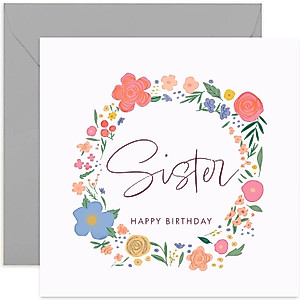 Old English Co. Sister Happy Birthday Card - Sweet Cute Floral Wreath Card for Her Sister Card | Flower Happy Birthday From Brother, Sister, Sibling | Blank Inside & Envelope Included