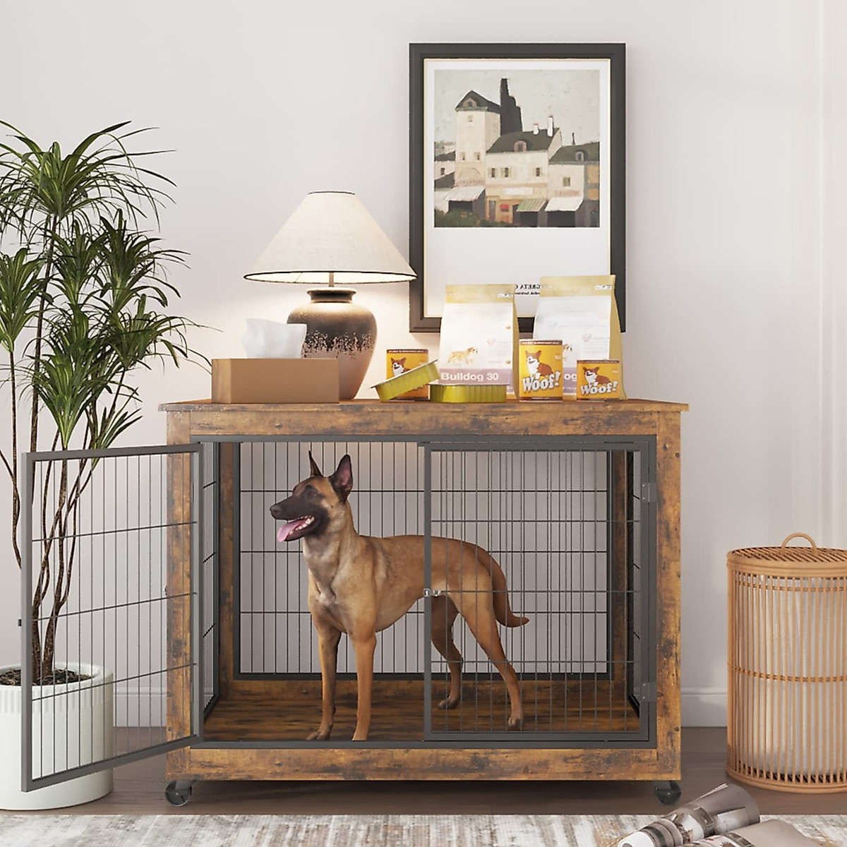IchbinGo Dog Crate Furniture, Wooden Dog Crate Table, 43.7" Dog Kennel with 3 Doors, Flip-up Top Opening and Wheels, Decorative Pet Crate House for Large/Medium/Small Dog Indoor Use (Rustic Brown)