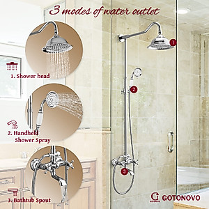 gotonovo Exposed Shower System Set Polish Chrome 8 Rain Shower Faucet 2 Double Knobs Handle Triple Function Tub Spout Luxry Shower Fixture Combo Unit Set 12 Inch Extension Tube Included