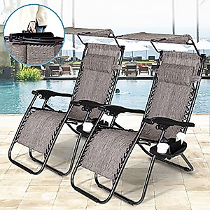 2 Pack Zero Gravity Chair, Folding Lounge Reclining W/Shade Canopy Deck Chaise with Adjustable Headrest Pillows, Cup Holder Tray and Carry Rope for Lawn Poolside Backyard Patio, Beach Camping (Gray)