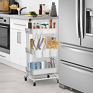 CAXXA 3-Tier Rolling Storage Organizer with 3 Small Baskets - Mobile Utility Cart with Caster Wheels (White)